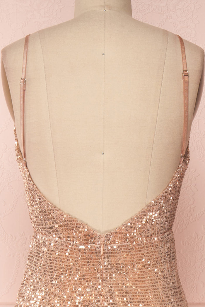 Barabal Rosegold Sequin V Neck Open Back Mermaid Gown | Boutique 1861