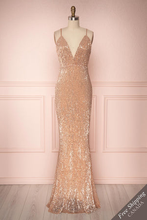 Barabal Rosegold Sequin V Neck Open Back Mermaid Gown | Boutique 1861