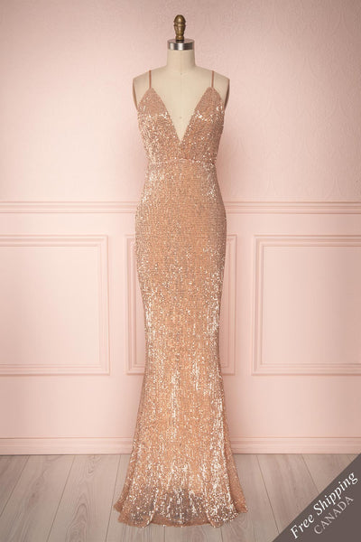 Barabal Rosegold Sequin V Neck Open Back Mermaid Gown | Boutique 1861