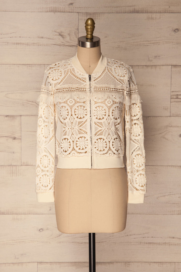 Clemance Cream Openwork Lace Bomber Jacket | La Petite Garçonne