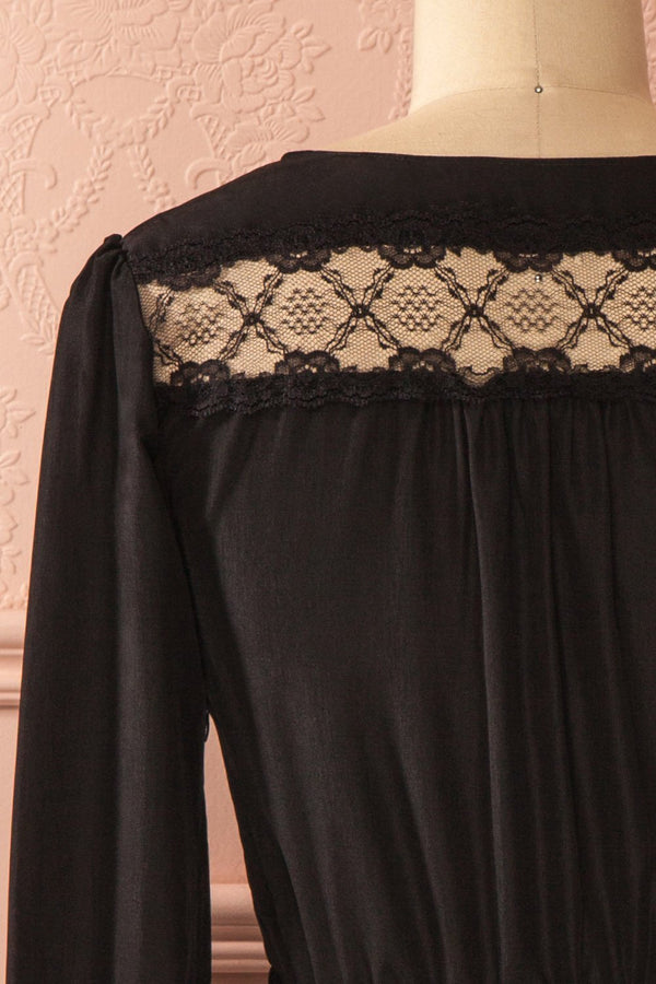 Linyao - Black lace cut-outs pleated dress