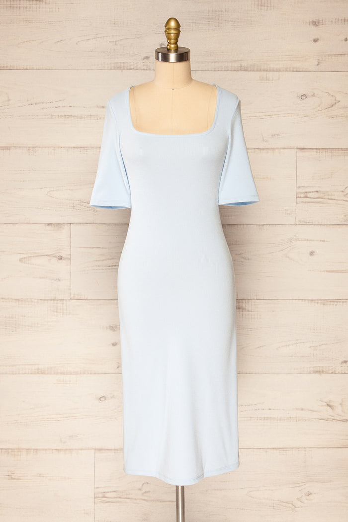 Monza Blue Fitted Square Neck Midi Dress | La petite garçonne