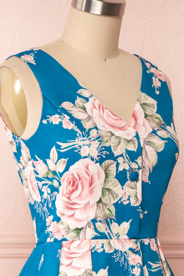 Taryn Blue Floral Print A-Line Midi Dress | Boutique 1861