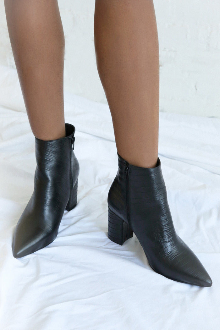 Tobi Black Crocodile Skin Heeled Ankle Boots | La Petite Garçonne