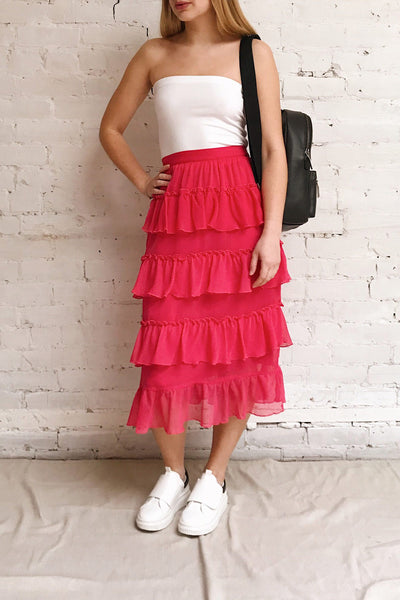 Gova Red Layered Ruffles Festive Midi Skirt | Boutique 1861