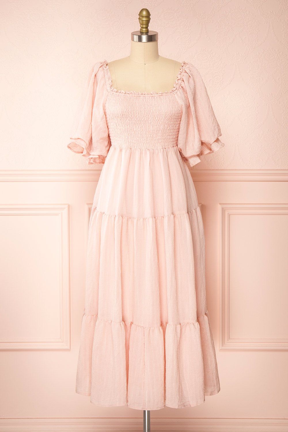 Abra Pink Tiered Midi Dress w/ Puffy Sleeves | Boutique 1861