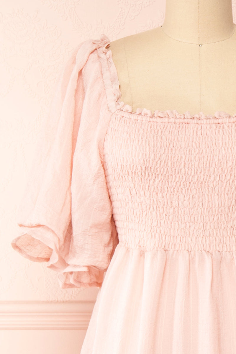 Abra Pink Tiered Midi Dress w/ Puffy Sleeves | Boutique 1861