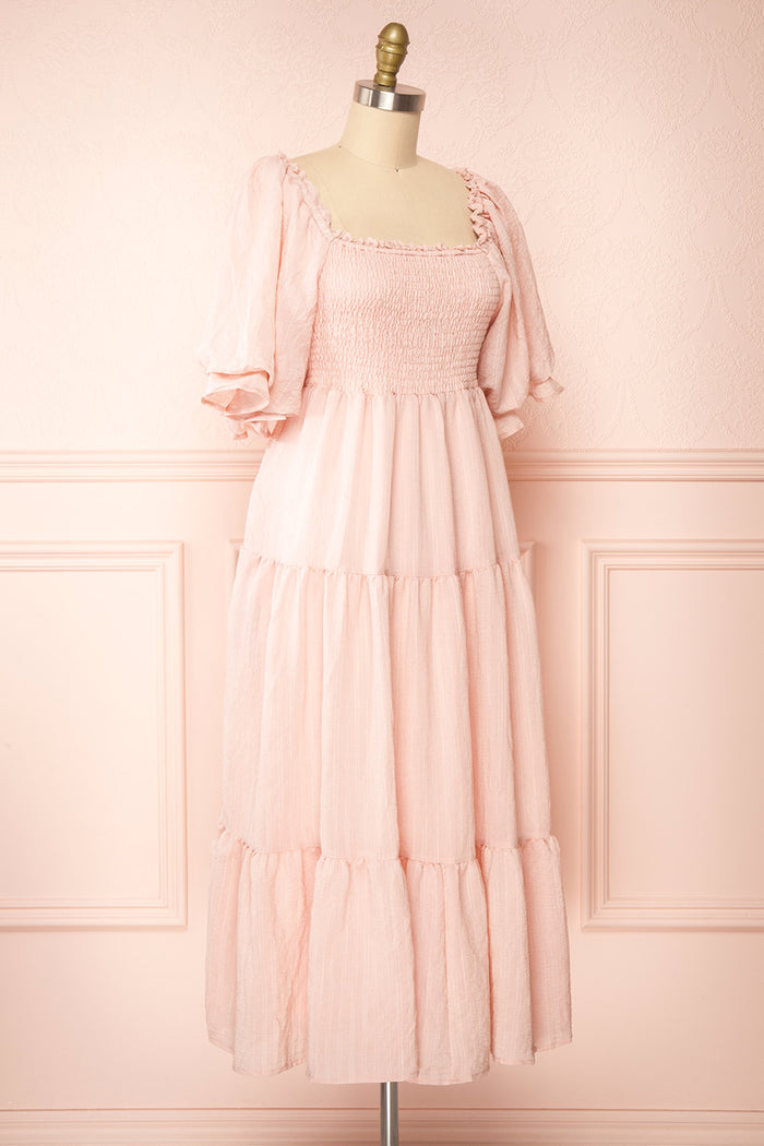 Abra Pink Tiered Midi Dress w/ Puffy Sleeves | Boutique 1861