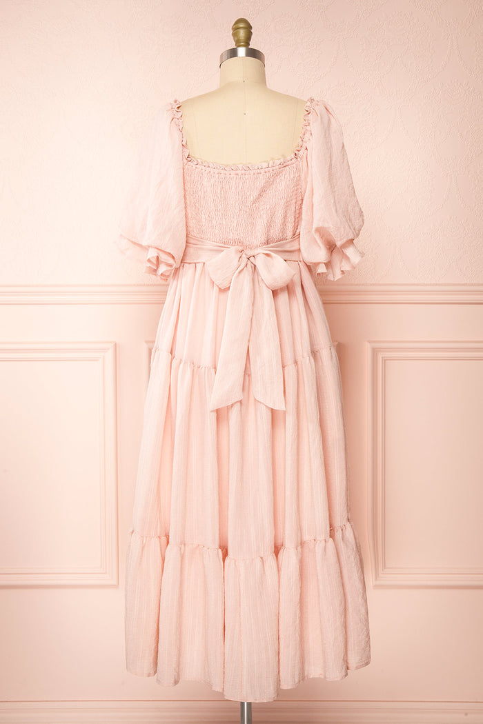 Abra Pink Tiered Midi Dress w/ Puffy Sleeves | Boutique 1861