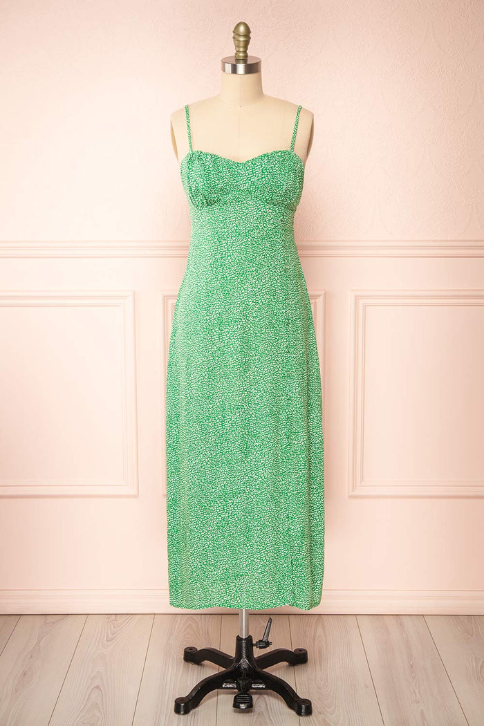 Aisai Patterned Green Midi Dress w/ Slit | Boutique 1861