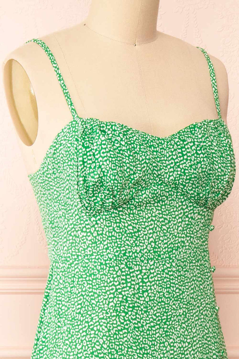 Aisai Patterned Green Midi Dress w/ Slit | Boutique 1861