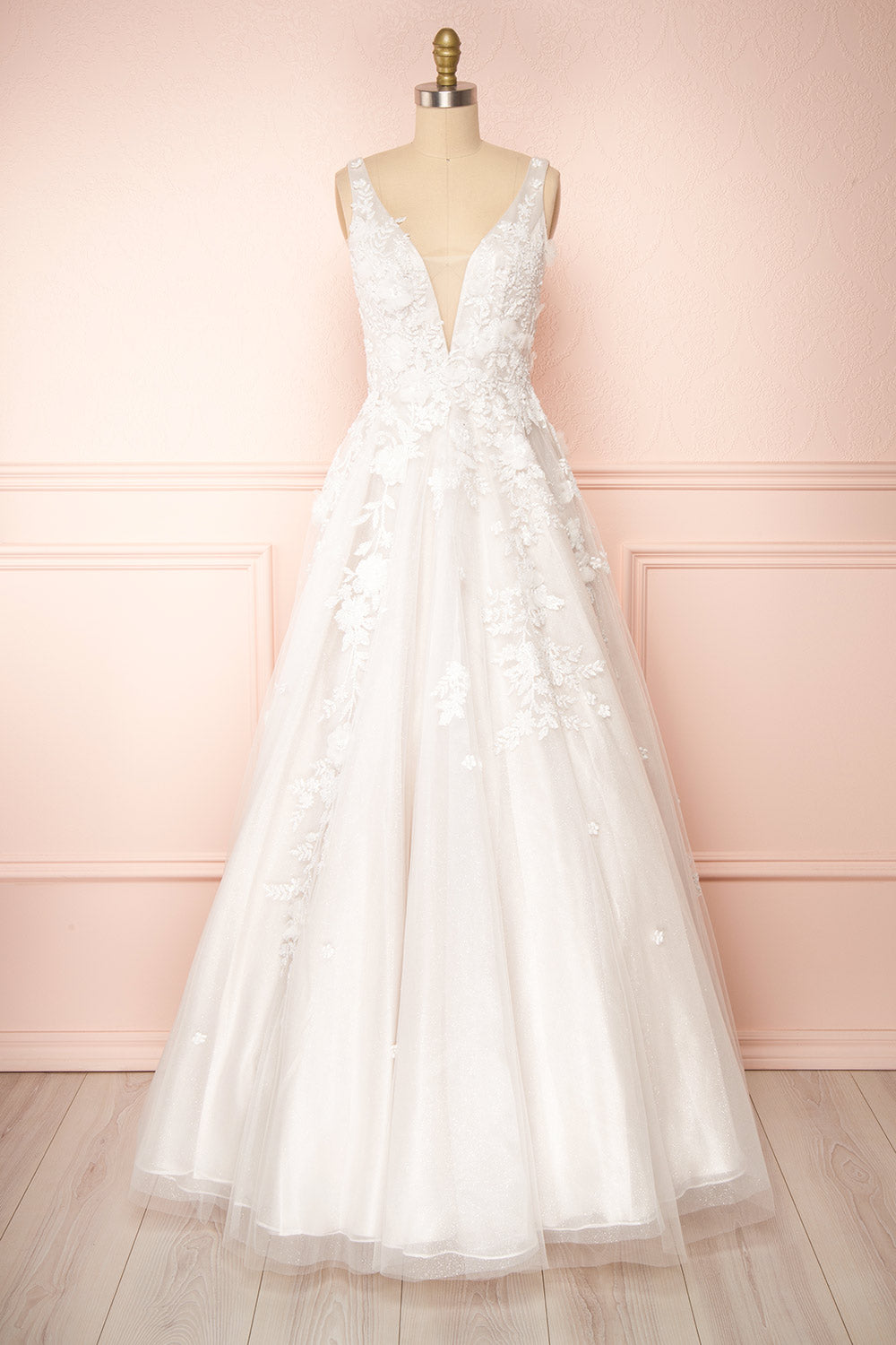 Alida White Embroidered V-Neck Tulle Bridal Dress | Boudoir 1861