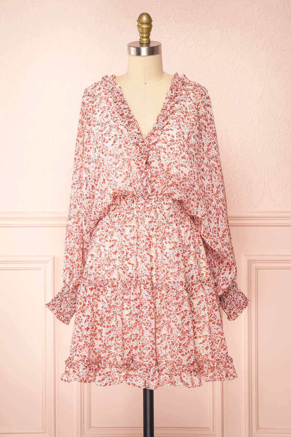 Artem Red Long Sleeve V-Neck Floral Dress | Boutique 1861