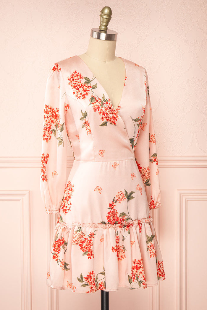Astralle Long Sleeve Short Floral Satin Wrap Dress | Boutique 1861