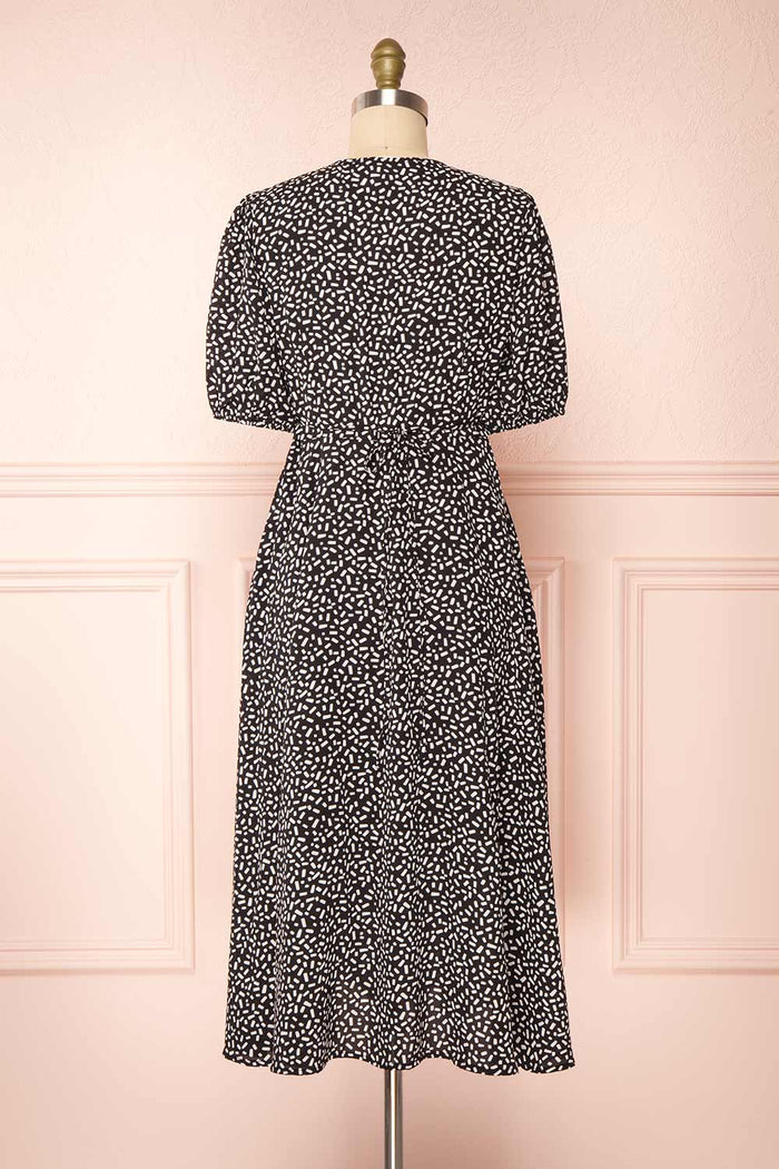 Audesse Black Patterned Puffy Sleeve Midi Dress | Boutique 1861