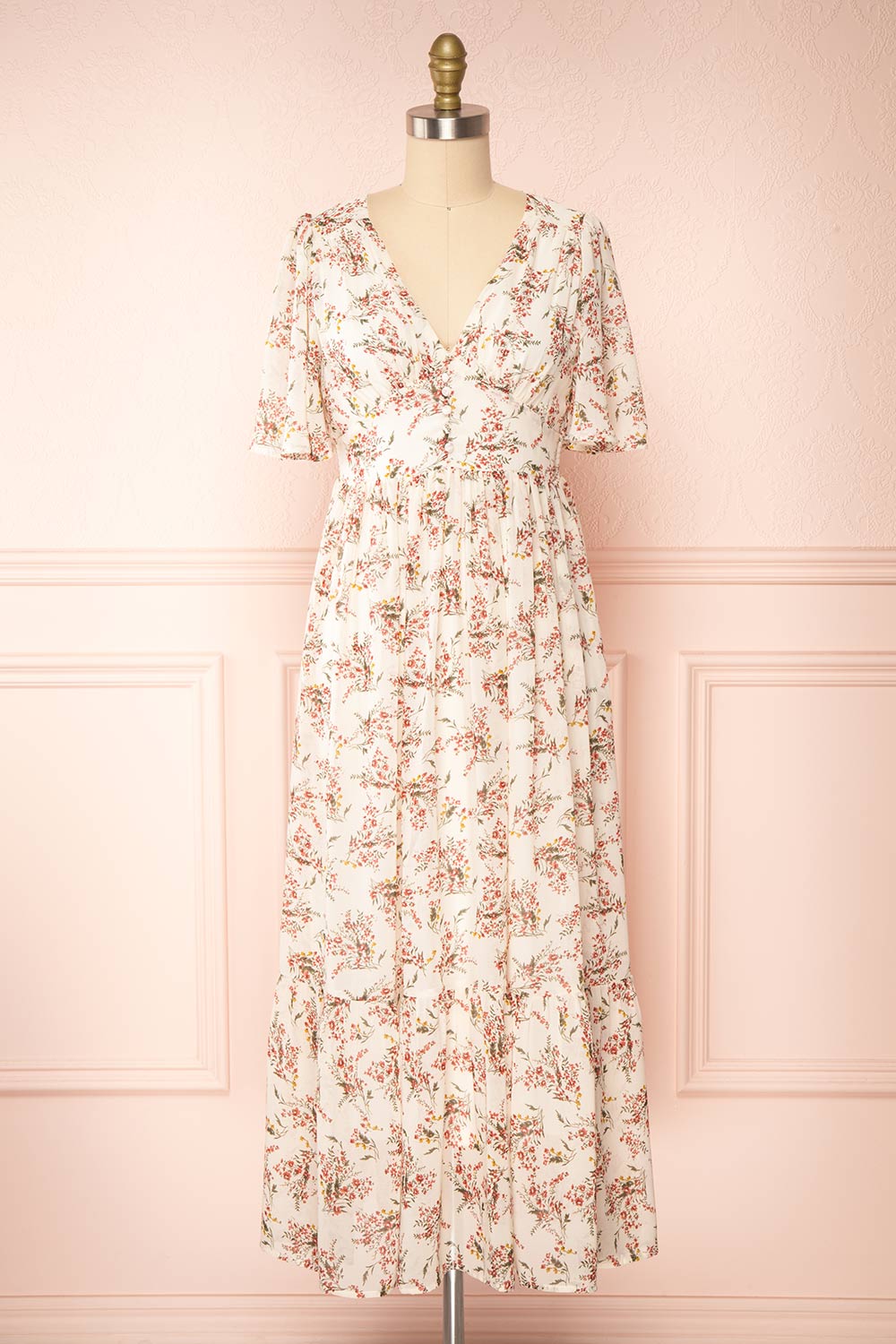 Britt Cream | Floral Midi Dress w/ Short Sleeves | Boutique 1861
