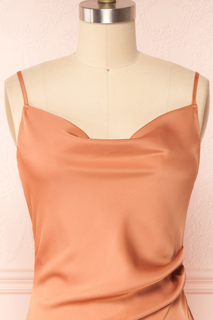 Chloe Rust Cowl Neck Silky Midi Slip Dress | Boutique 1861