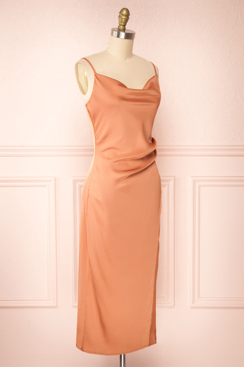 Chloe Rust Cowl Neck Silky Midi Slip Dress | Boutique 1861