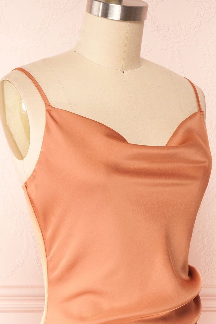 Chloe Rust Cowl Neck Silky Midi Slip Dress | Boutique 1861