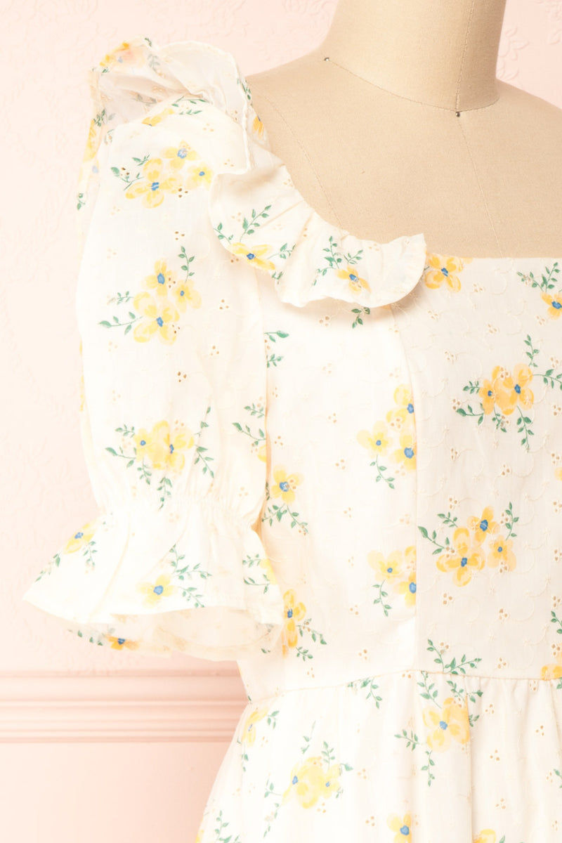 Elphege Beige Floral Puffy Sleeve Embroidered Dress | Boutique 1861
