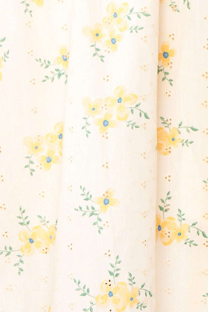 Elphege Beige Floral Puffy Sleeve Embroidered Dress | Boutique 1861