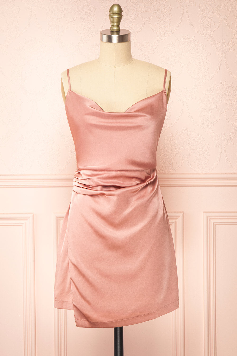 Enya Pink Short Satin Dress w/ Cowl Neck | Boutique 1861
