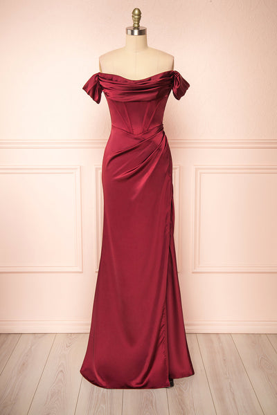Evolet Burgundy Off-Shoulder Corset Maxi Dress | Boudoir 1861