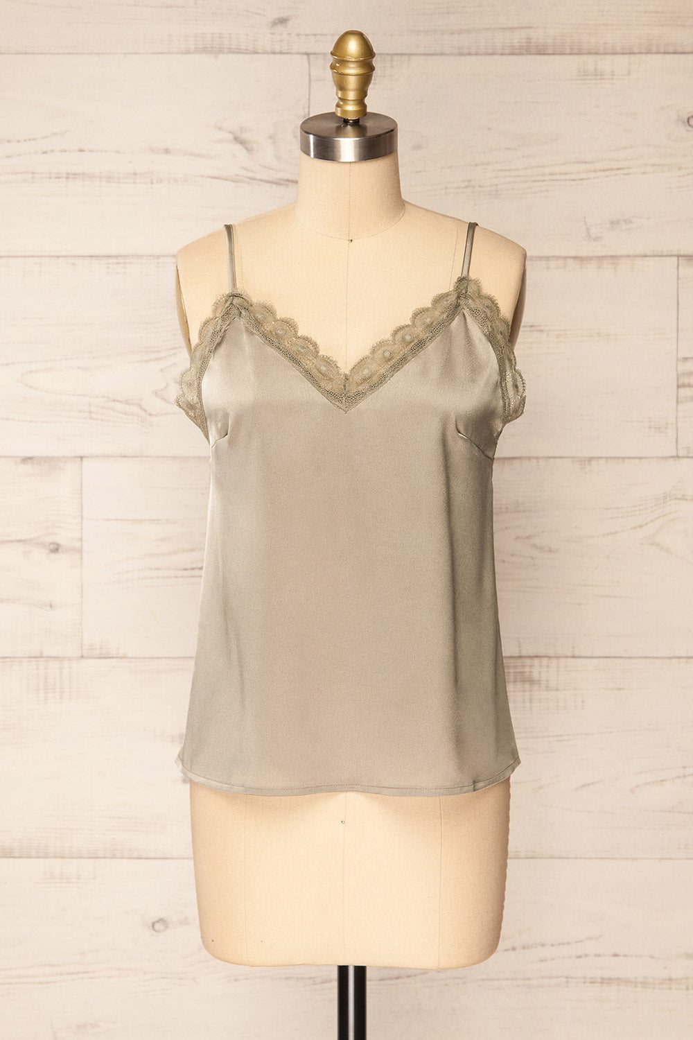 Hwasa Sage Satin Cami with Lace Trim | La petite garçonne
