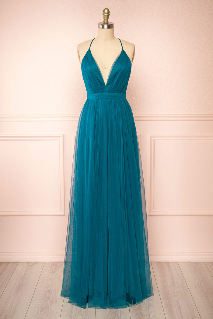 Ilaria Teal Tulle Gown with Plunging Neckline | Boutique 1861
