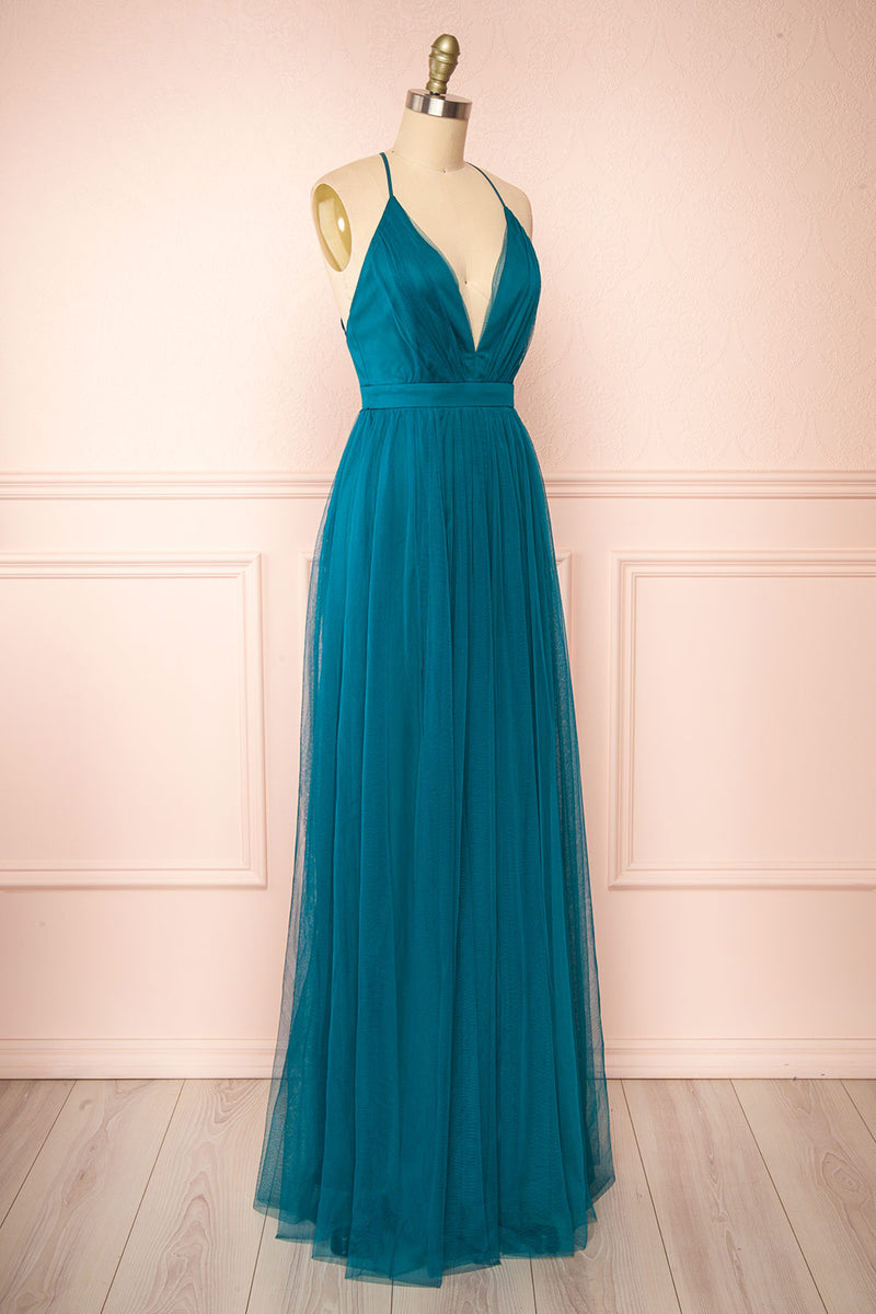 Ilaria Teal Tulle Gown with Plunging Neckline | Boutique 1861