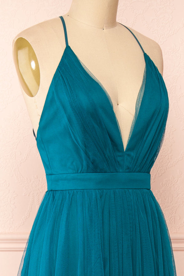 Ilaria Teal Tulle Gown with Plunging Neckline | Boutique 1861