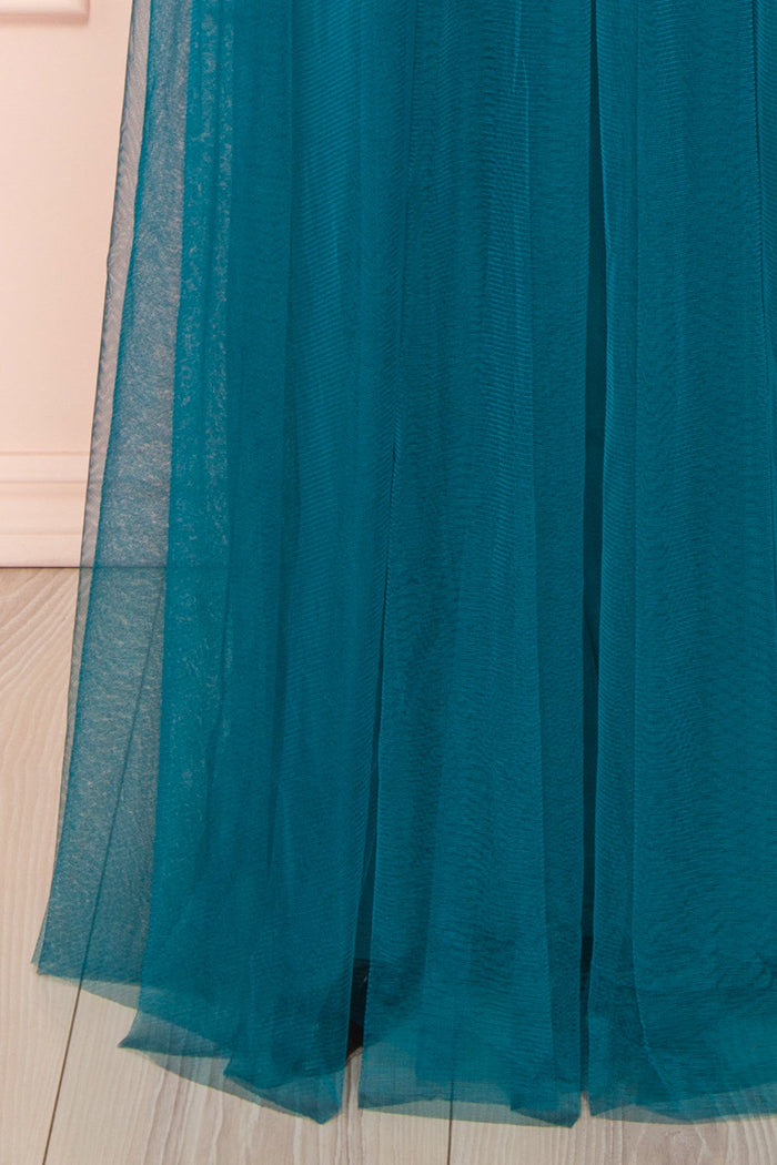 Ilaria Teal Tulle Gown with Plunging Neckline | Boutique 1861