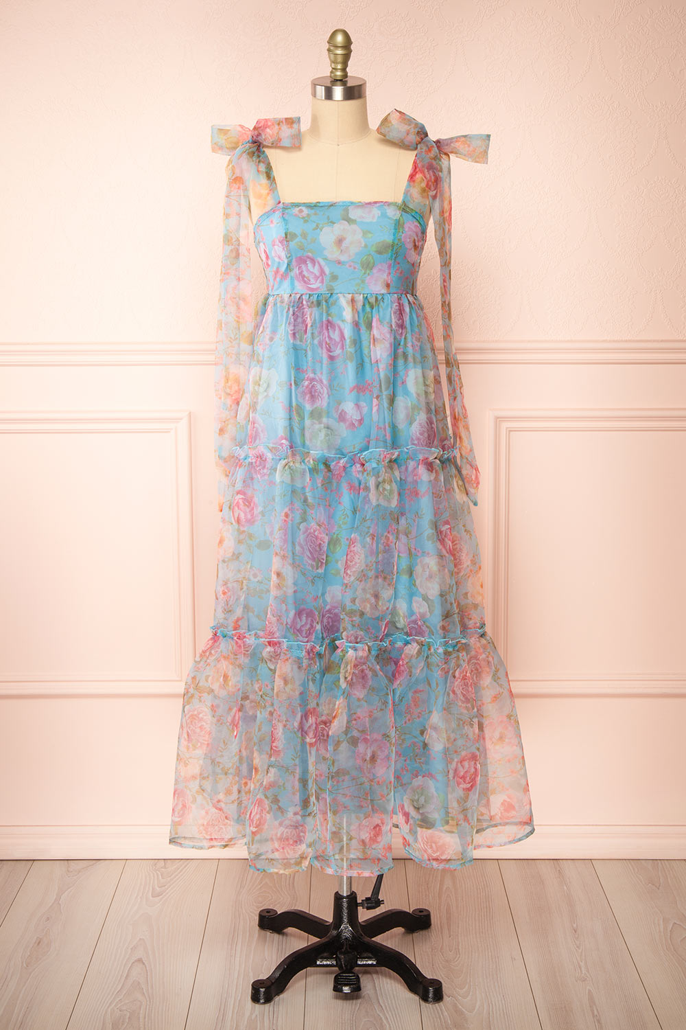 Ismelda Blue Tiered Floral Midi Dress w/ Ruffles | Boutique 1861