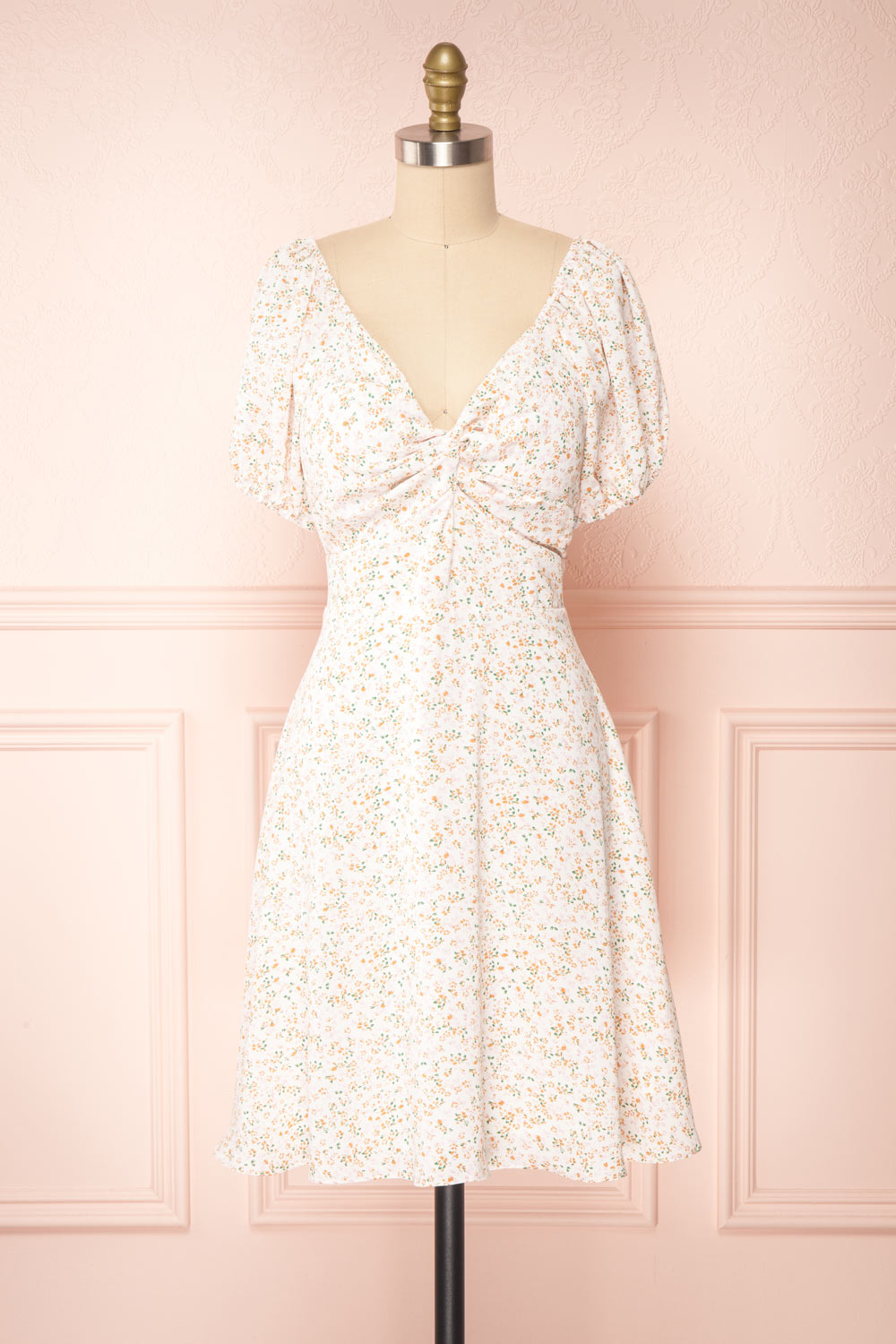 Katoma White Puffy Sleeve Short Floral Dress | Boutique 1861
