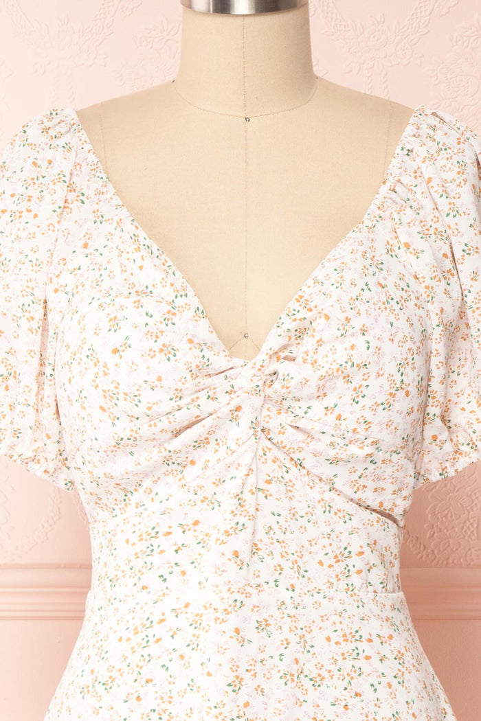 Katoma White Puffy Sleeve Short Floral Dress | Boutique 1861