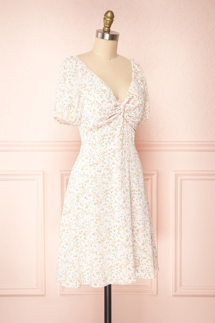 Katoma White Puffy Sleeve Short Floral Dress | Boutique 1861