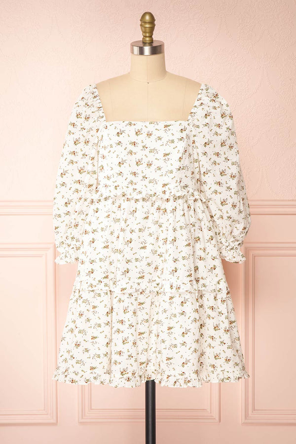 Linea White Floral Short Dress w/ Puffy Sleeves | Boutique 1861