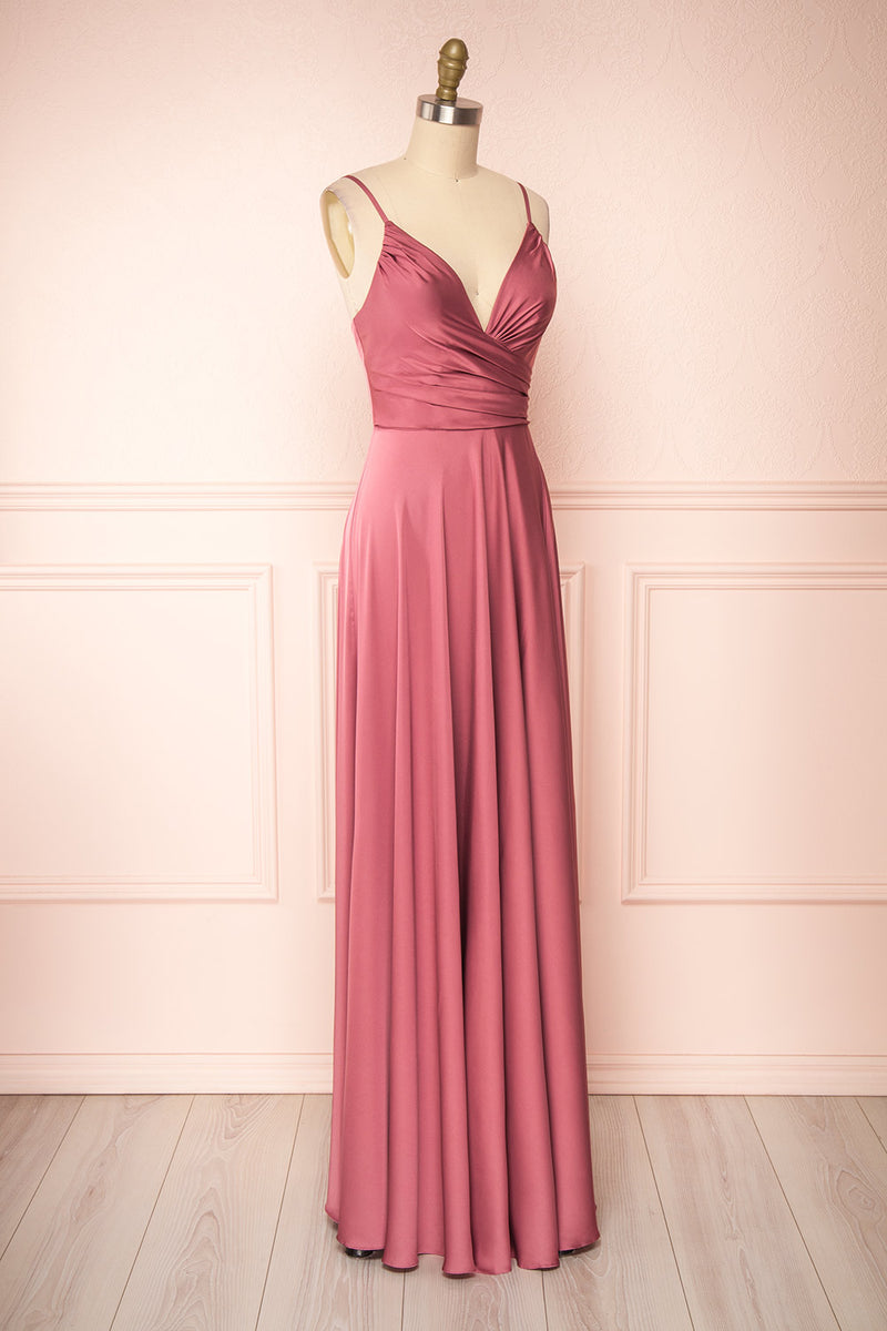Lizza Pink Satin Maxi Dress with Slit | Boudoir 1861