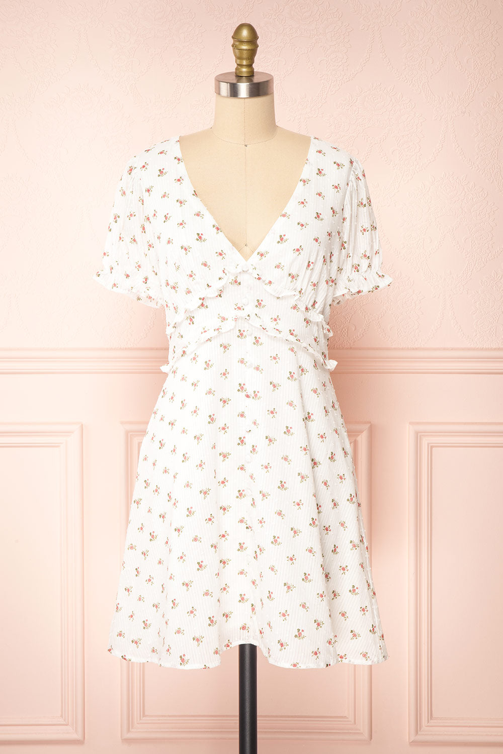 Marva White Floral V-Neck Short Sleeve Dress | Boutique 1861