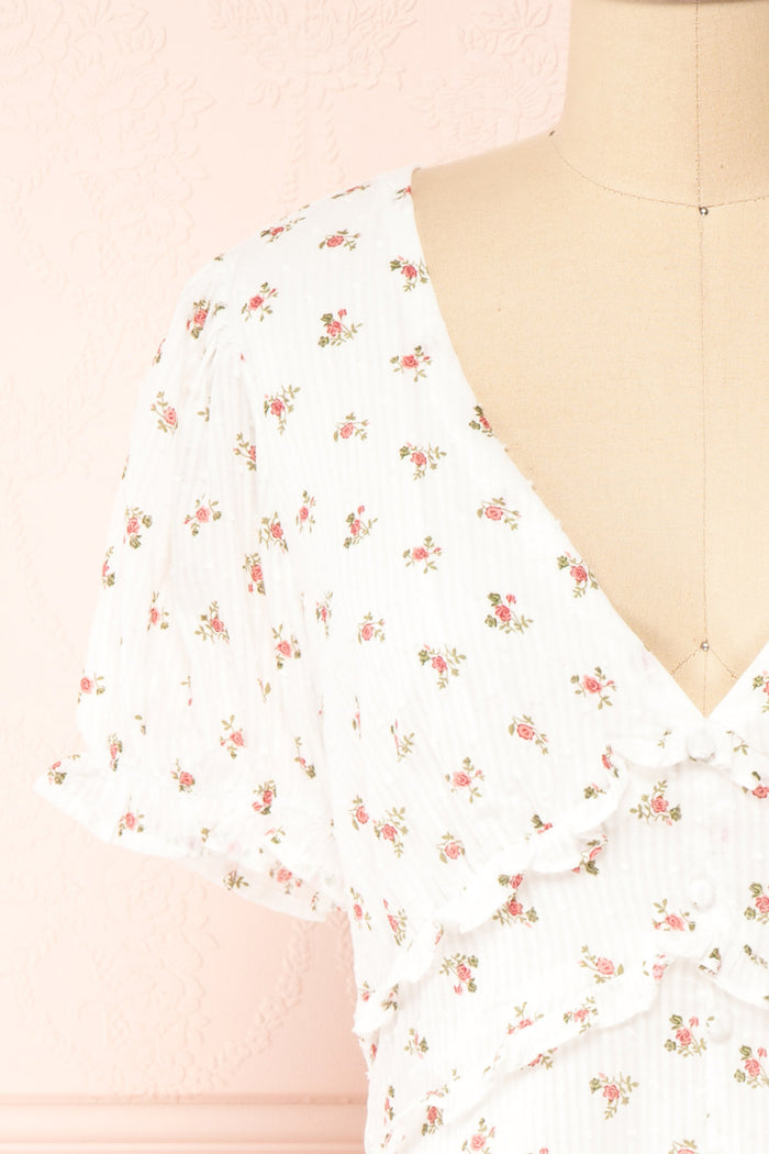 Marva White Floral V-Neck Short Sleeve Dress | Boutique 1861