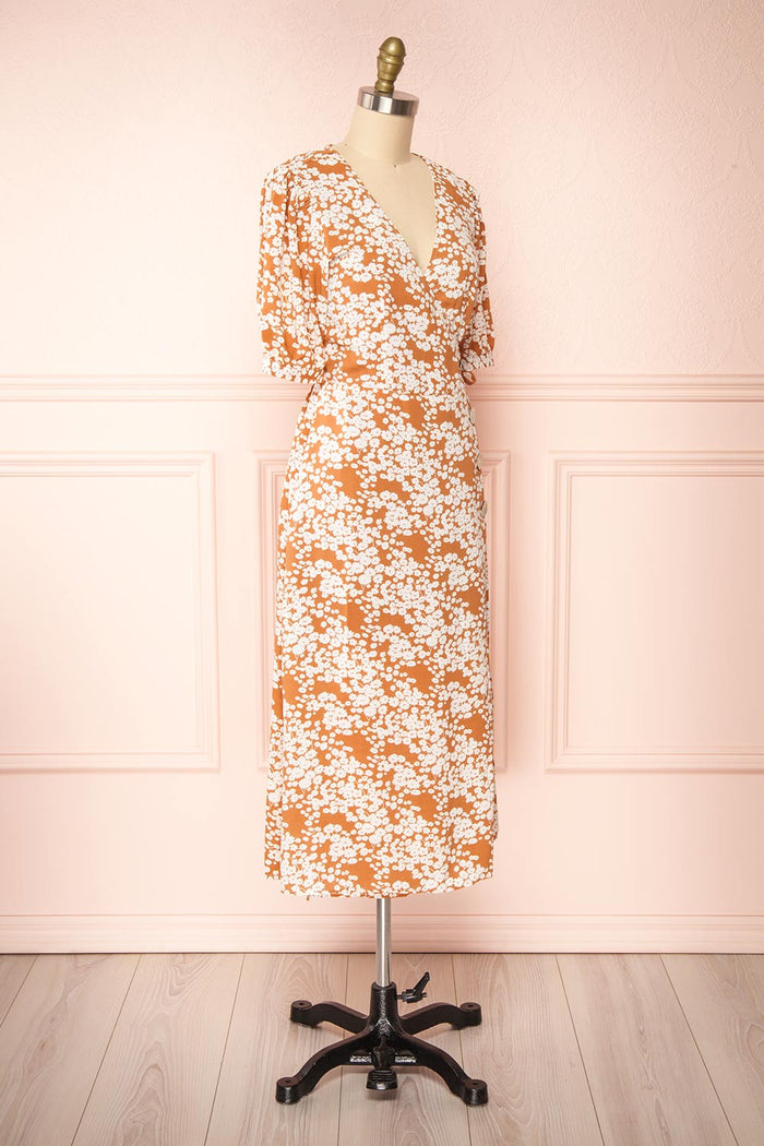Neroli Rust Floral Midi Buttoned Wrap Dress | Boutique 1861