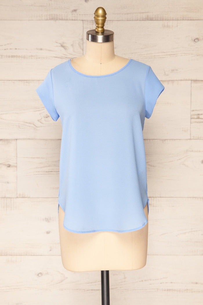 Perth Blue Crepe Short Sleeve Blouse | La petite garçonne