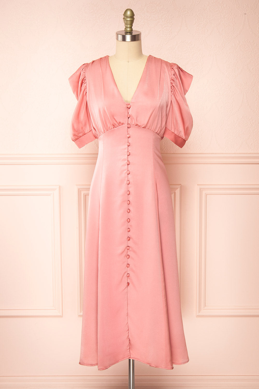 Priscilla Pink Midi Button-Up V-Neck Satin Dress | Boutique 1861