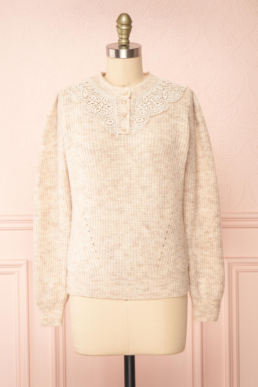 Reagan Beige Buttoned Collar Sweater w/ Lace | Boutique 1861