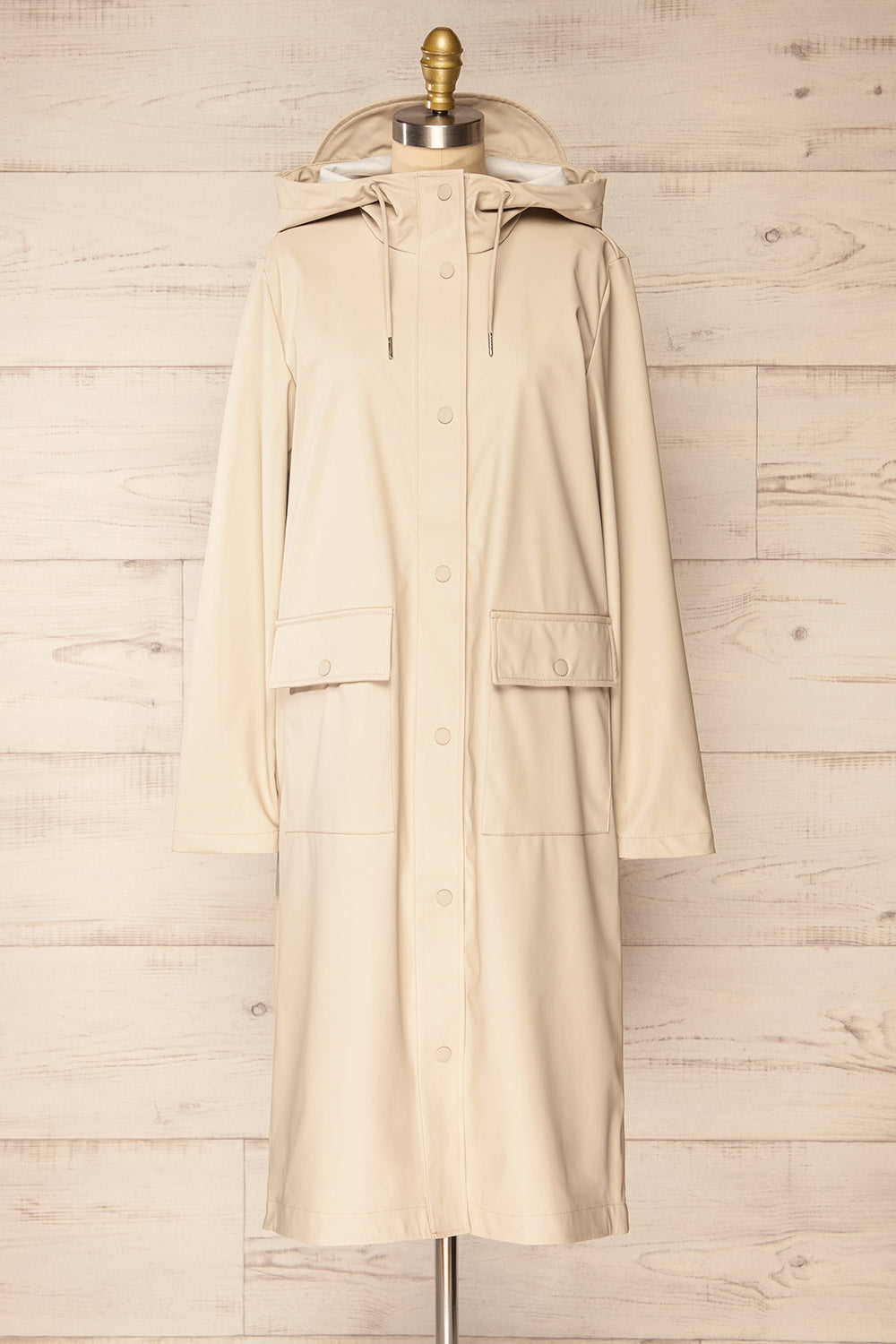 Rochester Beige Button Up Hooded Raincoat | La petite garçonne