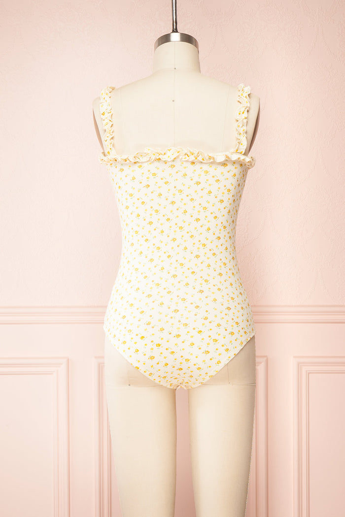 Sevati Yellow Ribbed Floral Bodysuit with Ruffles | Boutique 1861
