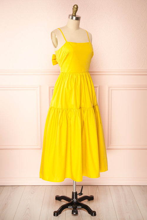 Syke Yellow A-Line Tiered Midi Dress w/ Open Back | Boutique 1861