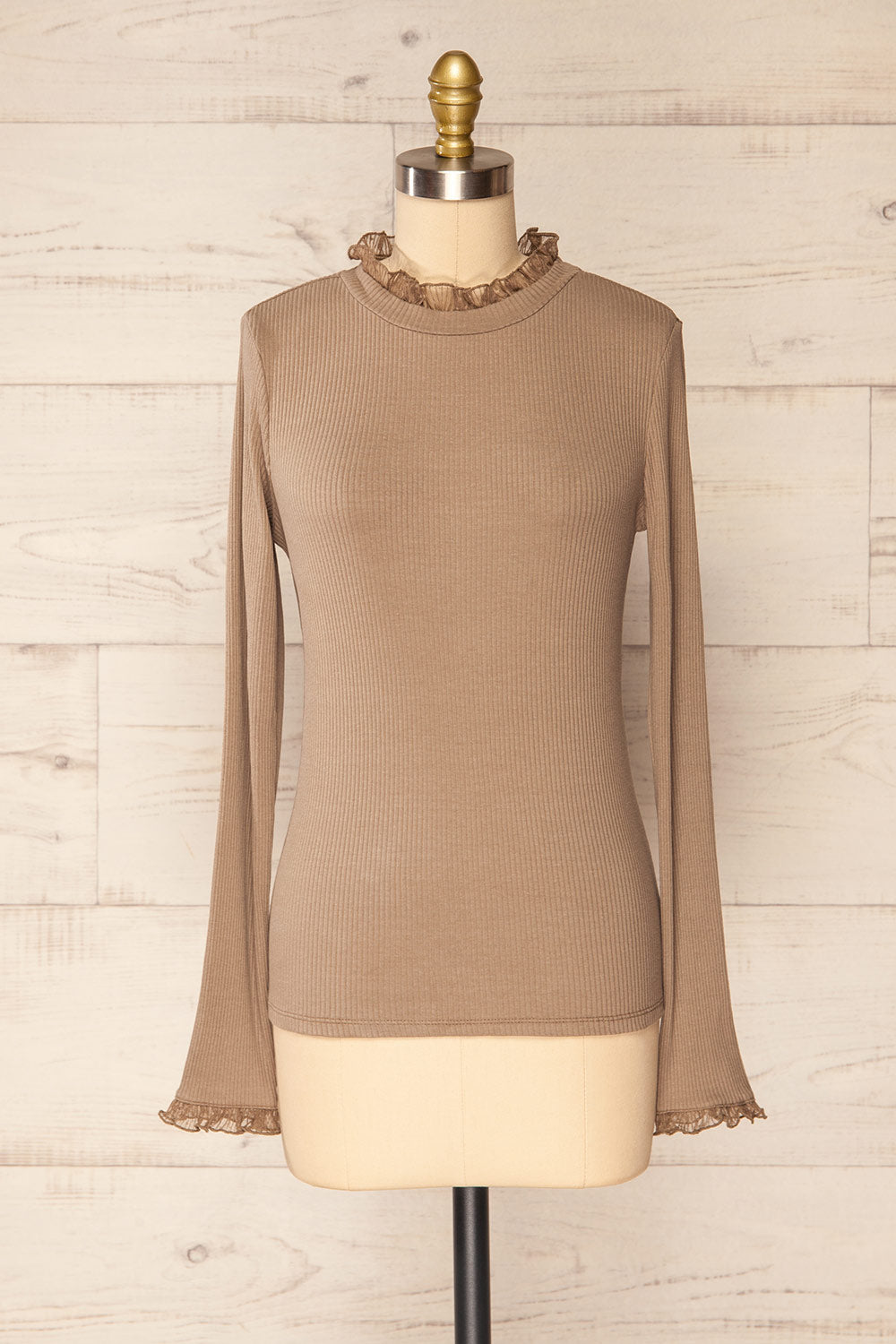 Yaline Taupe Ribbed Top w/ Ruffled Collar | La petite garçonne