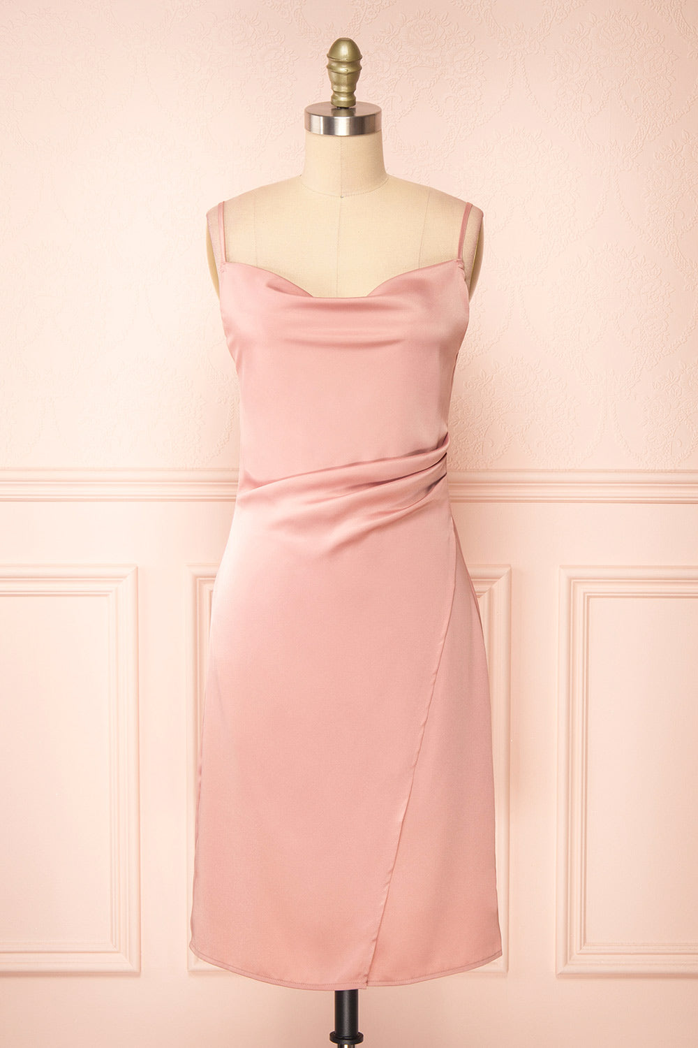 Zaina Pink Cowl Neck Satin Slip Dress | Boutique 1861